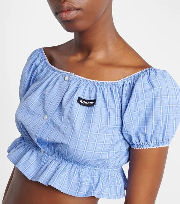 Miu Miu Checked Cotton Poplin Crop Top - Blue