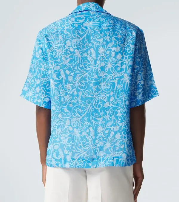 Kiton Printed Linen Bowling Shirt - Blue