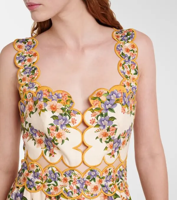 farm rio floral scalloped cotton midi dress Farm Rio Floral Scalloped Linen-Blend Midi Dress - Multicoloured