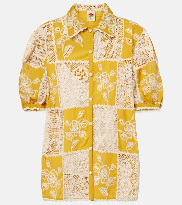 Farm Rio Embroidered Lace-trimmed Cotton Shirt - Yellow