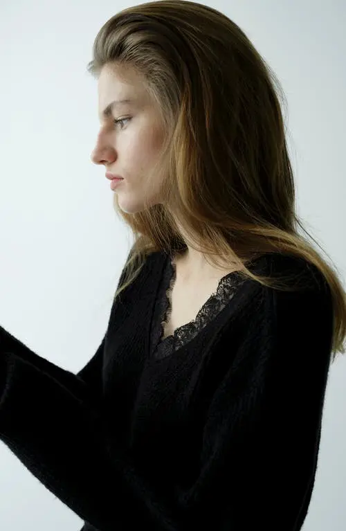 Mango Lace Trim Ribbed V-neck Sweater