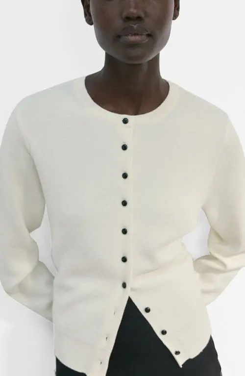 Mango Contrast Button Crewneck Cardigan - Ecru