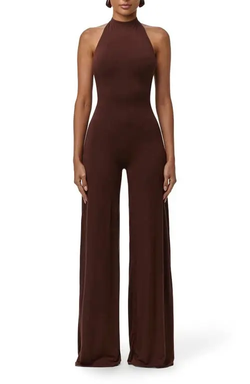Naked Wardrobe Halter Wide Leg Jumpsuit - Chocolate