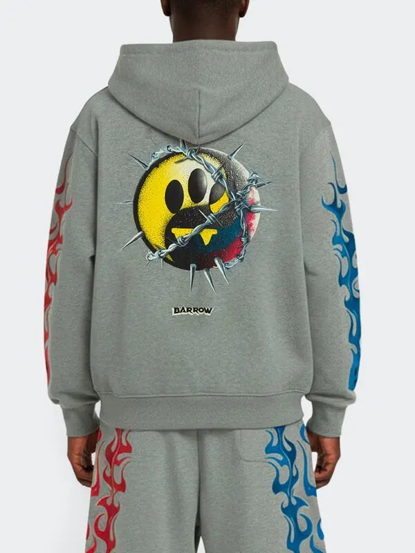 BARROW Cotton Hoodie With Maxi Logo And Flame Graphic - Grey