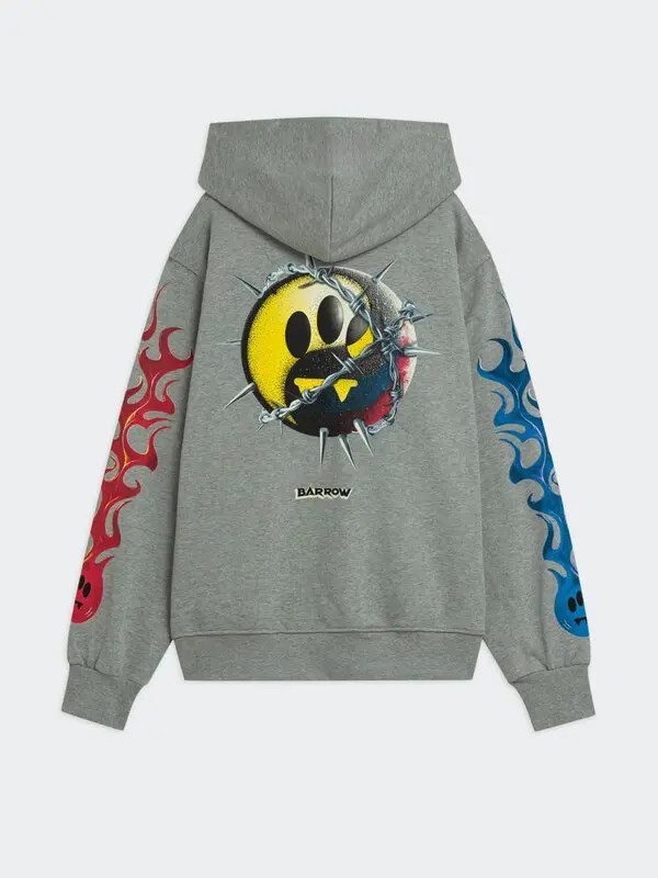 BARROW Cotton Hoodie With Maxi Logo And Flame Graphic - Grey