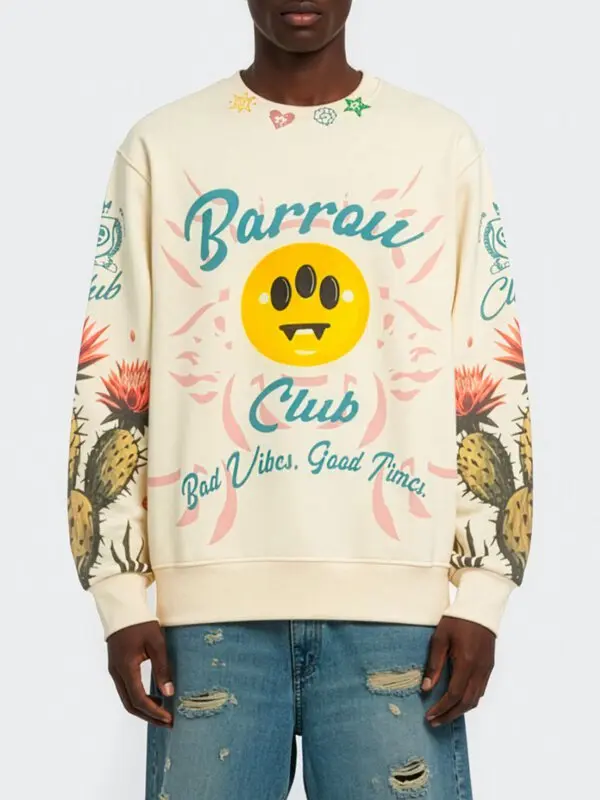 BARROW Crewneck Cotton Sweatshirt With Graphic Prints - Cream