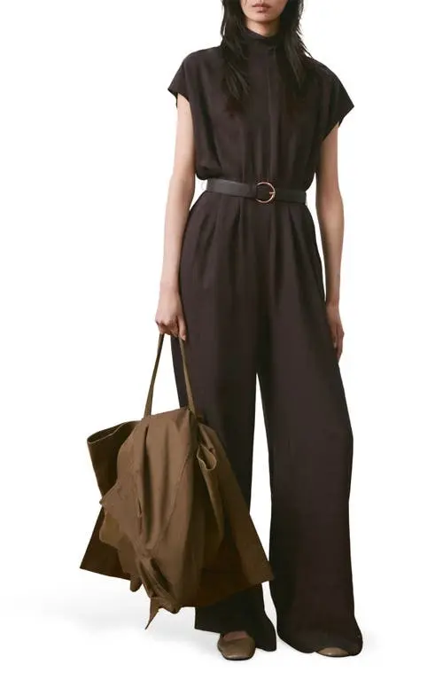 Mango Cap Sleeve Belted Jumpsuit - Chocolate