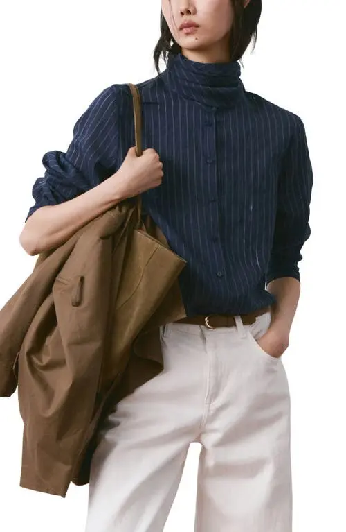 Mango Striped Tie Neck Top - Navy
