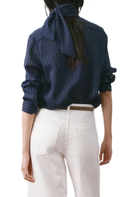 Mango Striped Tie Neck Top - Navy