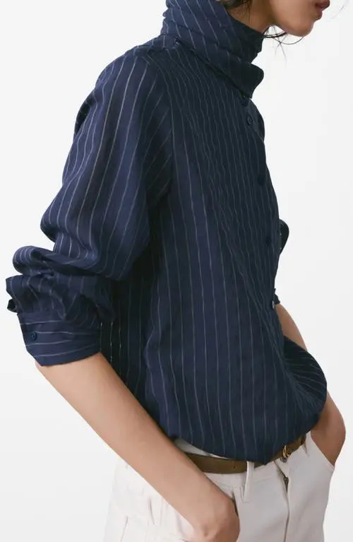 Mango Striped Tie Neck Top - Navy