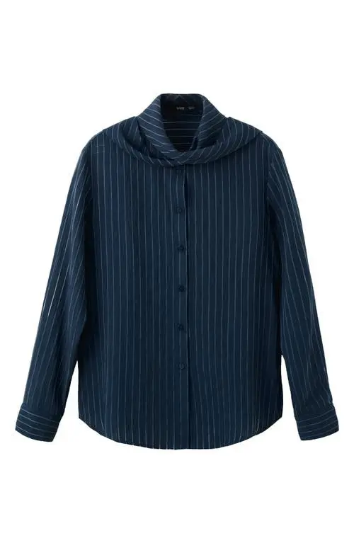 Mango Striped Tie Neck Top - Navy