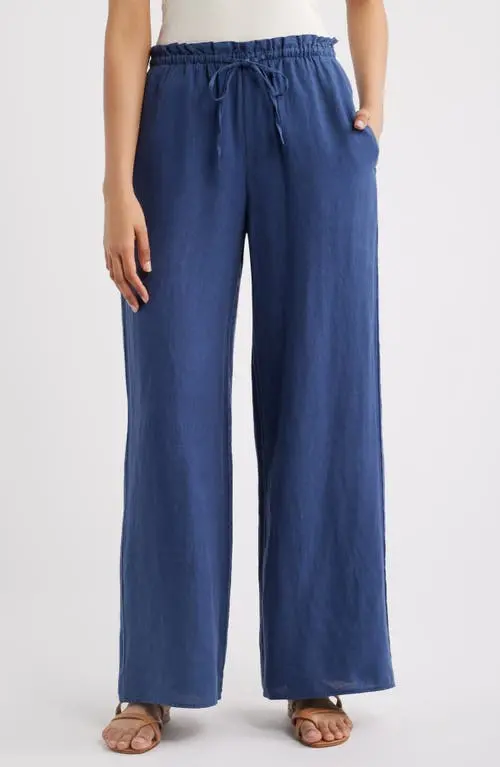 Bella Dahl Ruffle Waist Wide Leg Linen Pants - Midnight Surf