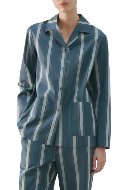 Mango Stripe Cotton Button-up Pajama Shirt - Turquoise