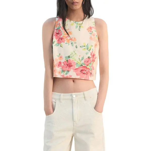 Mango Floral Cotton Crop Tank - Off White