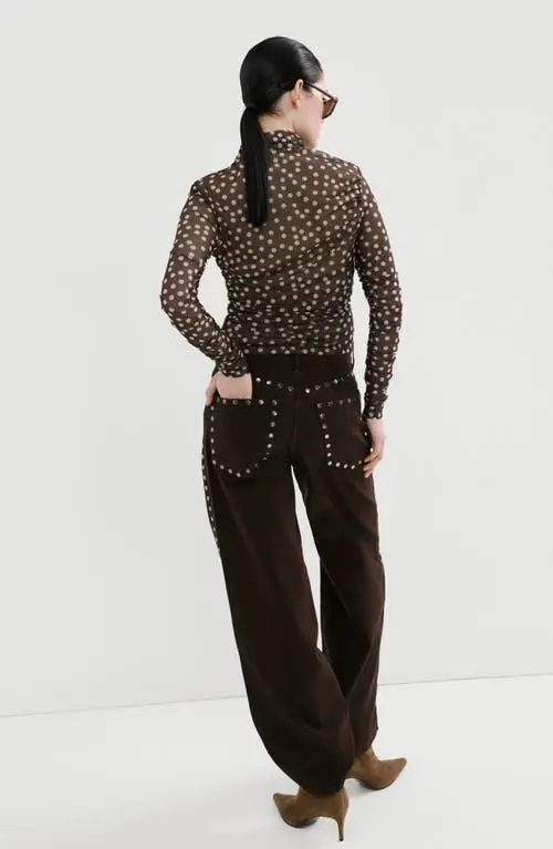 Mango Polka Dot Ruched Mesh Top