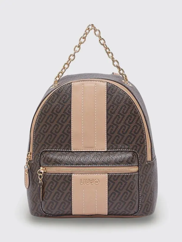 Liu Jo Grained Faux Leather Backpack With All-over Monogram - Brown