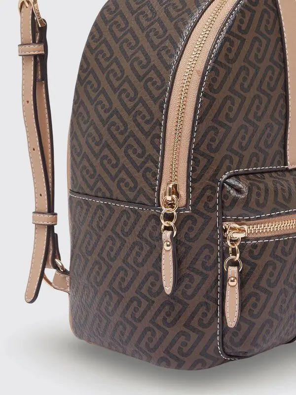 Liu Jo Grained Faux Leather Backpack With All-over Monogram - Brown