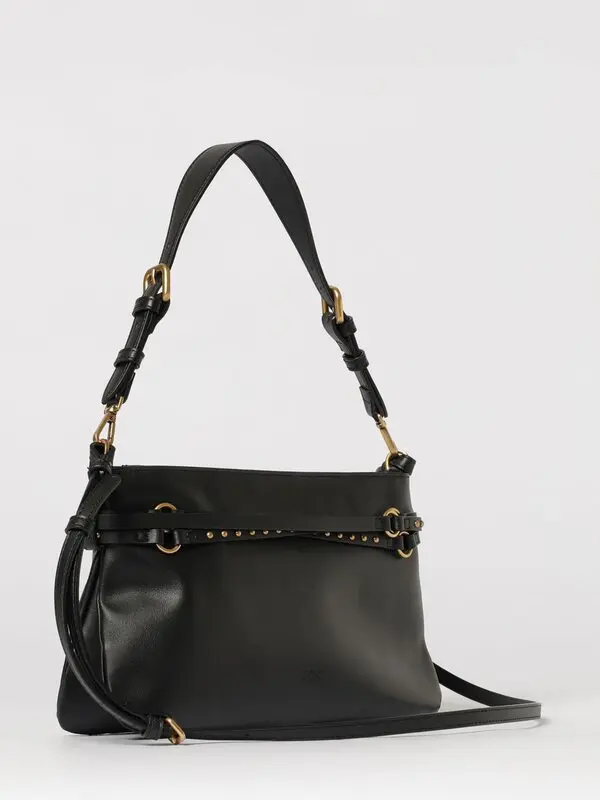 Pinko Leather Shoulder Bag With Gold Tone Embellishments - Black