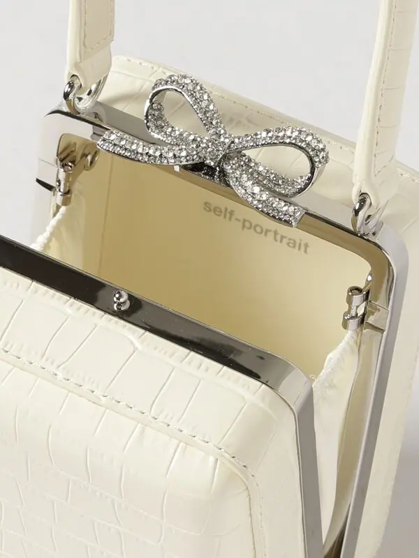 SELF-PORTRAIT Crocodile Print Leather Bag With Rhinestone Embellishment - Cream
