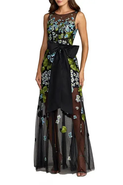 Mac Duggal Sleeveless Mesh Applique Gown With Bow Belt - Blue Multi
