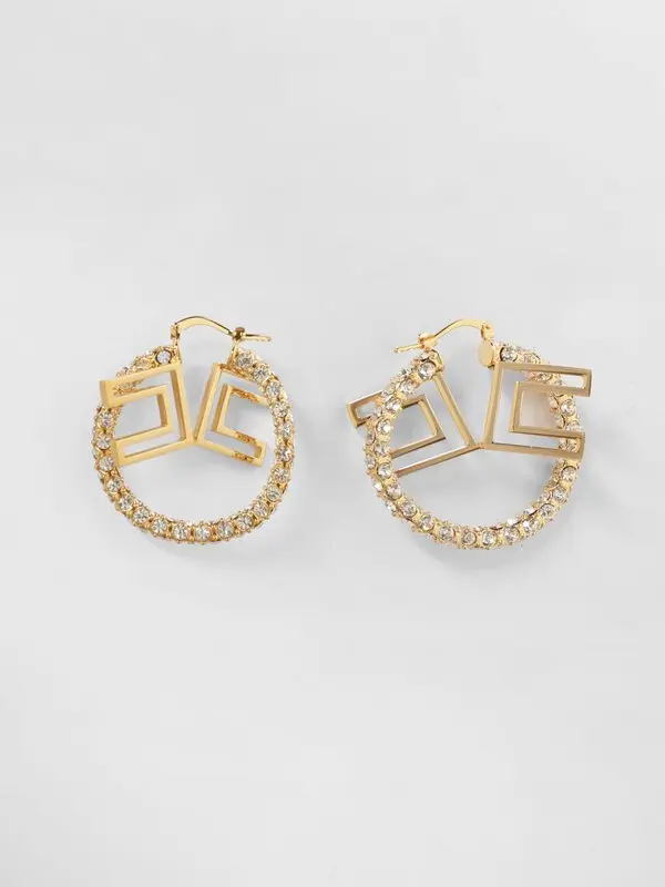 Elisabetta Franchi Brass Hoop Earrings With Rhinestones And Monogram Logo - Gold