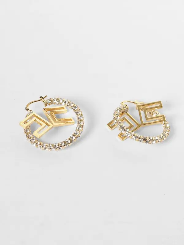 Elisabetta Franchi Brass Hoop Earrings With Rhinestones And Monogram Logo