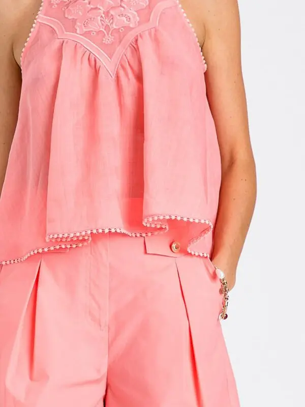 TWINSET Embroidered Sleeveless Linen & Cotton Top