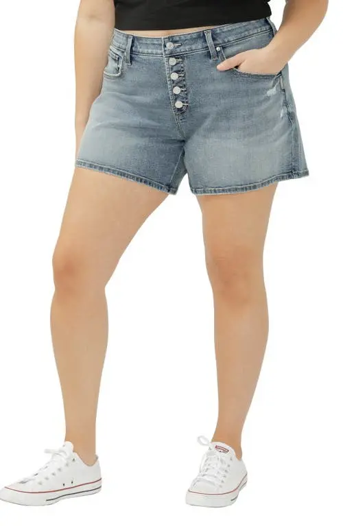 SILVER JEANS CO. Exposed Button Mid Rise Denim Boyfriend Shorts - Summers Beach