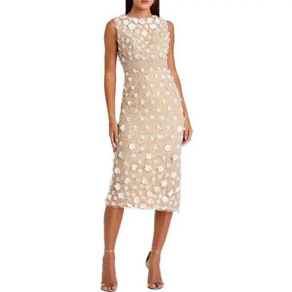 Mac Duggal Floral Applique Midi Dress - Ivory Nude