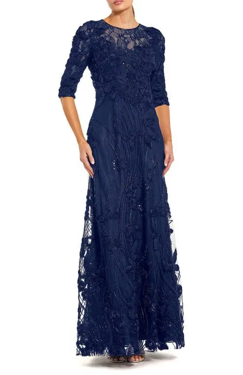 Mac Duggal Embellished Lace Gown With Sleeves - Navy