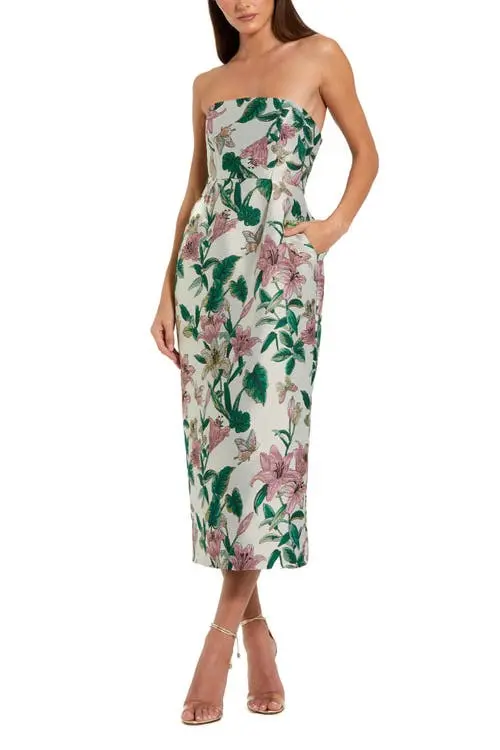 Mac Duggal Floral Brocade Strapless Midi Dress - Lily