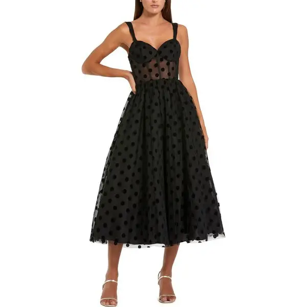 Mac Duggal Polka Dot Bustier A-line Midi Dress - Black