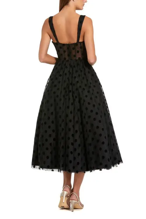 Mac Duggal Polka Dot Bustier A-line Midi Dress - Black