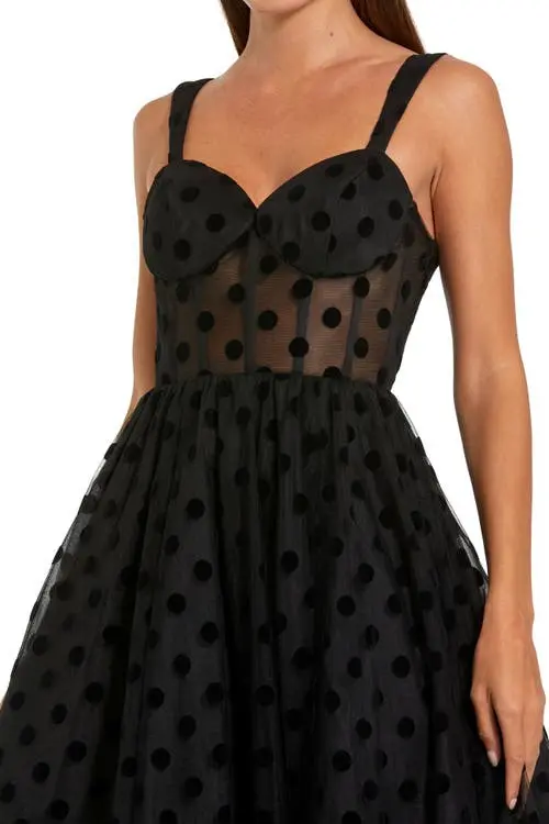 Mac Duggal Polka Dot Bustier A-line Midi Dress - Black