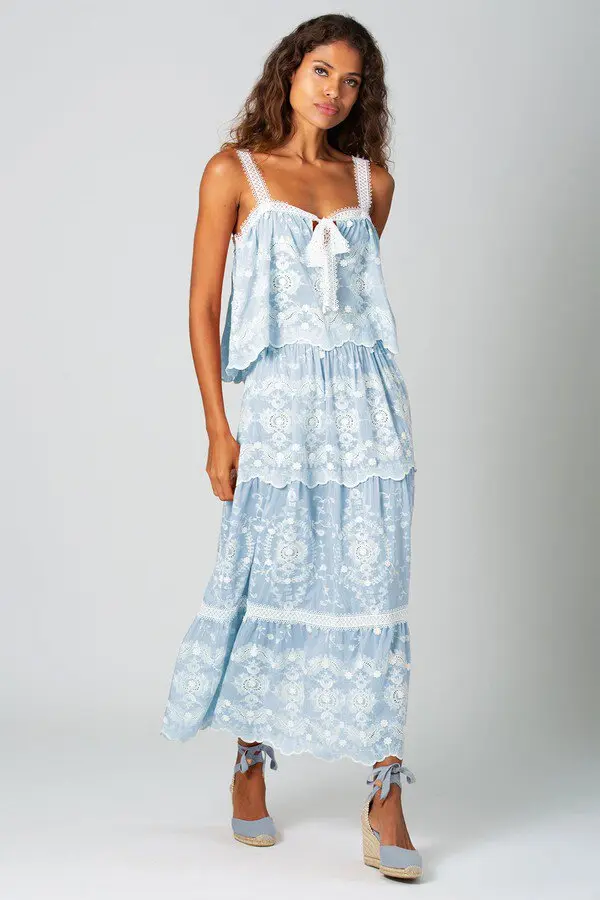Miguelina Loreline Floating Flower Voile Embroidery Midi-skirt - Blue
