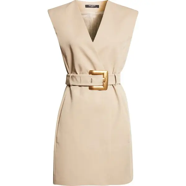 Balmain Belted Cotton Gabardine Wrap Minidress - 0an Sand
