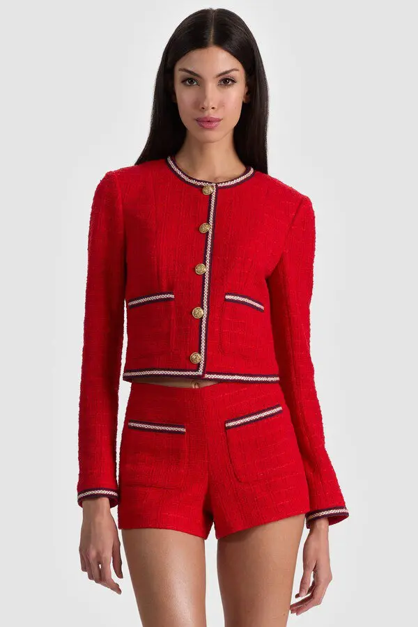 Alice + Olivia Avalon Shrunken Tweed Jacket - Red