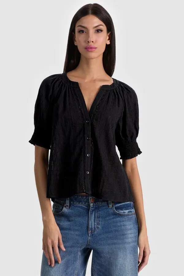 Alice + Olivia Thalia Embroidered Puff Sleeve Blouse