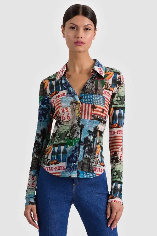 Alice + Olivia Jade Mesh Button Down Shirt - Violet