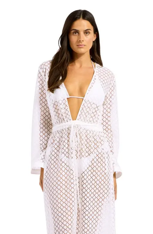 Seafolly Tie Belt Long Sleeve Sheer Lace Cover-up