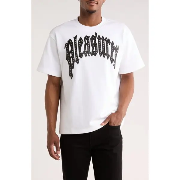 PLEASURES Twitch Leather Appliqué & Rhinestone T-shirt - White