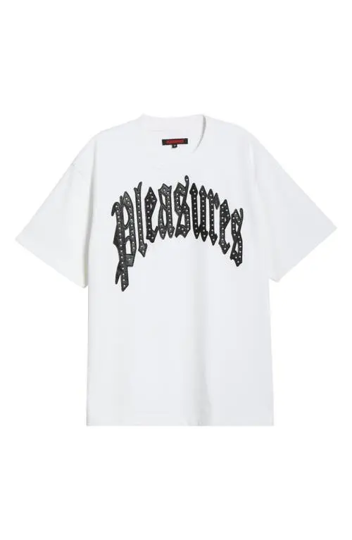 PLEASURES Twitch Leather Appliqué & Rhinestone T-shirt - White