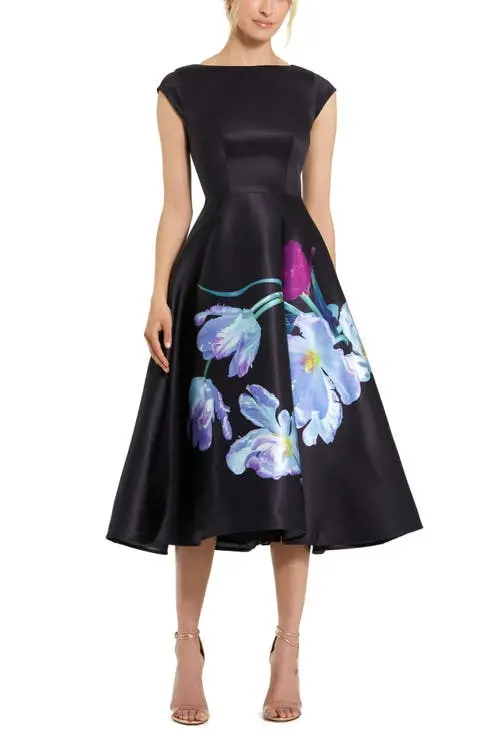 Mac Duggal Satin Floral Print Midi Dress - Black Multi