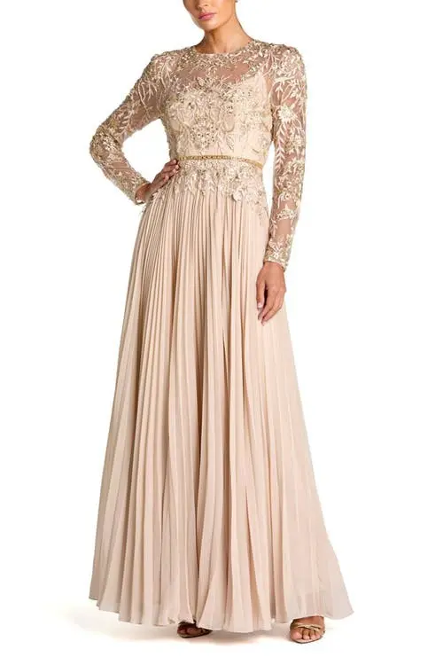 Mac Duggal Long Sleeve Chiffon Embellished Gown - Taupe