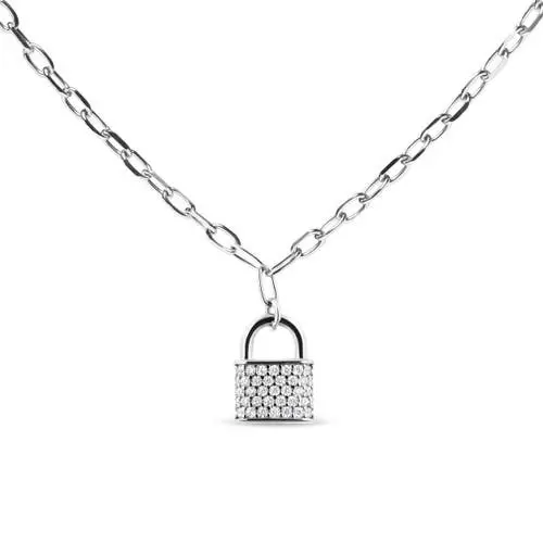 HAUS OF BRILLIANCE Silver Diamond Lock Pendant Necklace - White