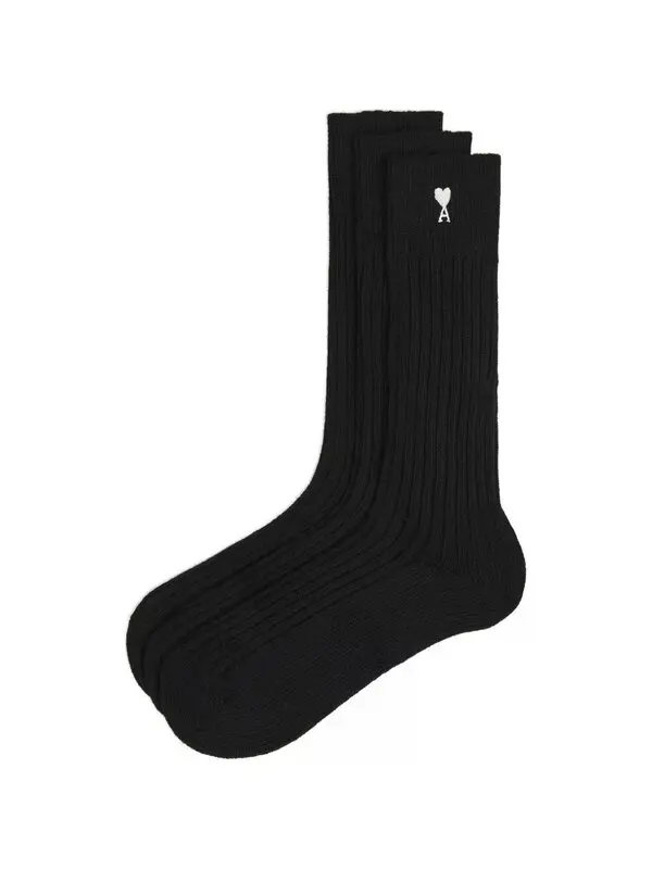 AMI Paris Ribbed Knit Socks With Logo - Black