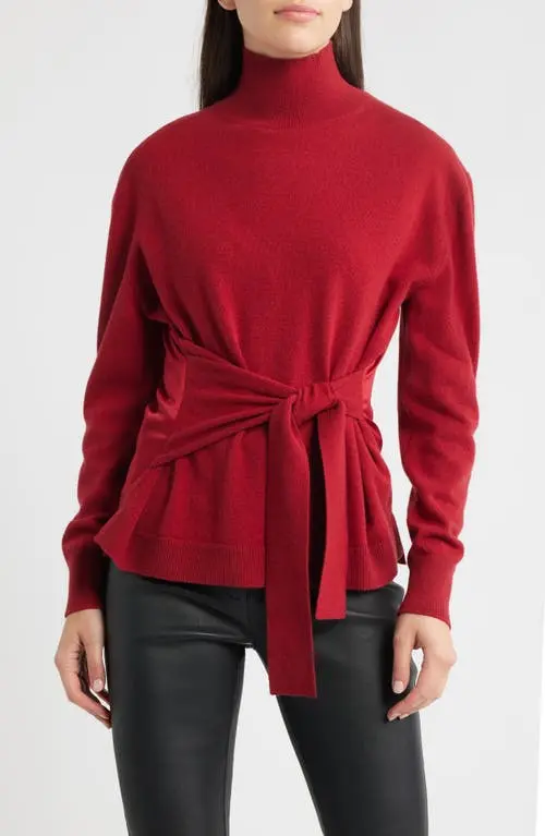 BOSS Tie Waist Mixed Media Turtleneck Sweater