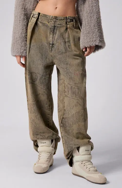 Desigual Graffiti Print Wide Leg Jeans - Medium Beige