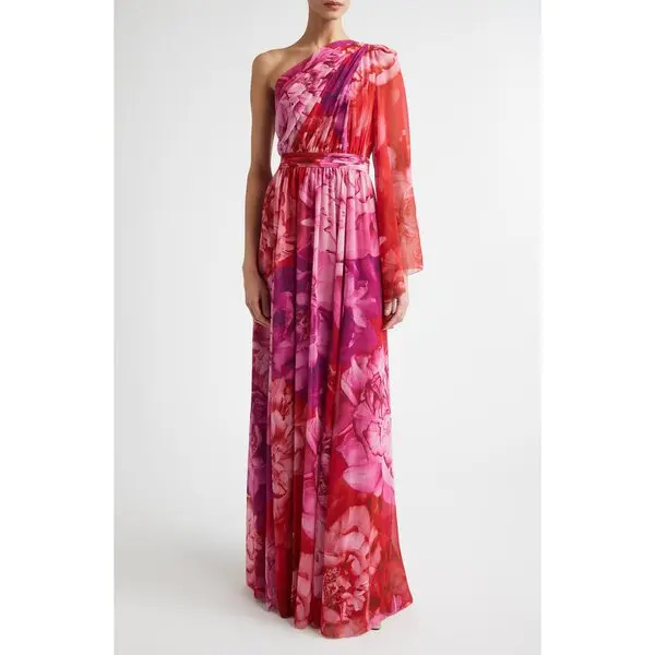 St. John Le Jardin Print Georgette One-shoulder Gown - Cherry Pink/peony Multi