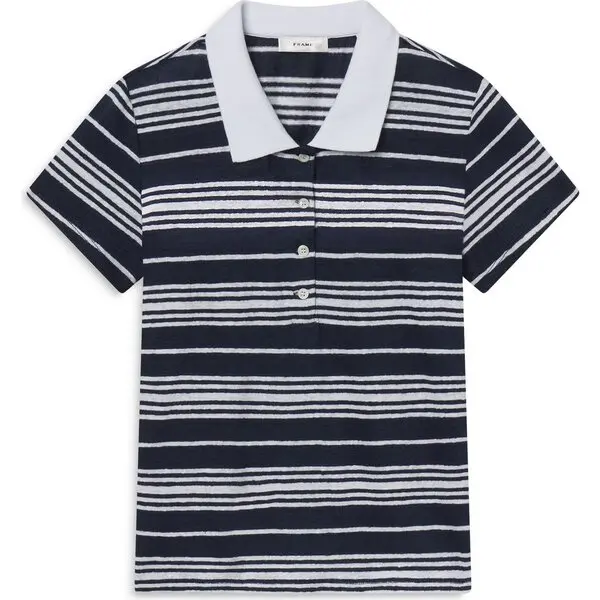 FRAME Stripe Stretch Linen Polo Top - Navy Multi